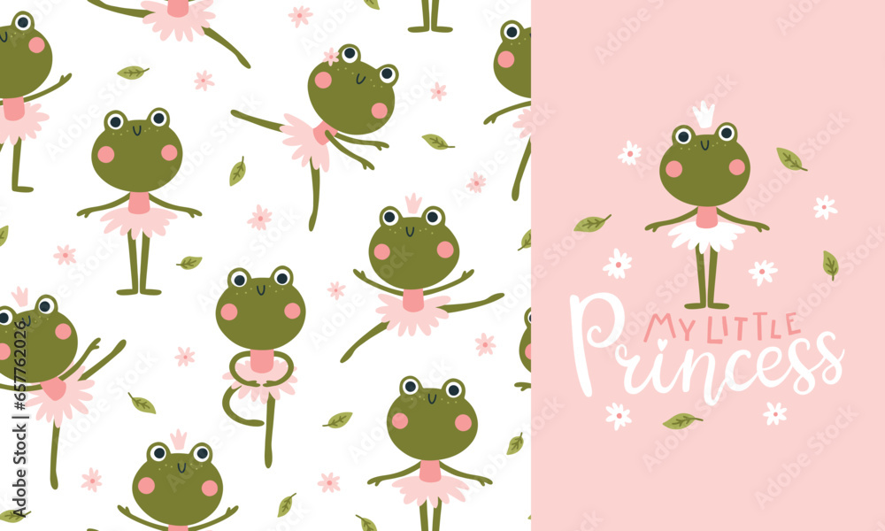 Ballerina frogs set seamless pattern and print. Vector illustration of ...