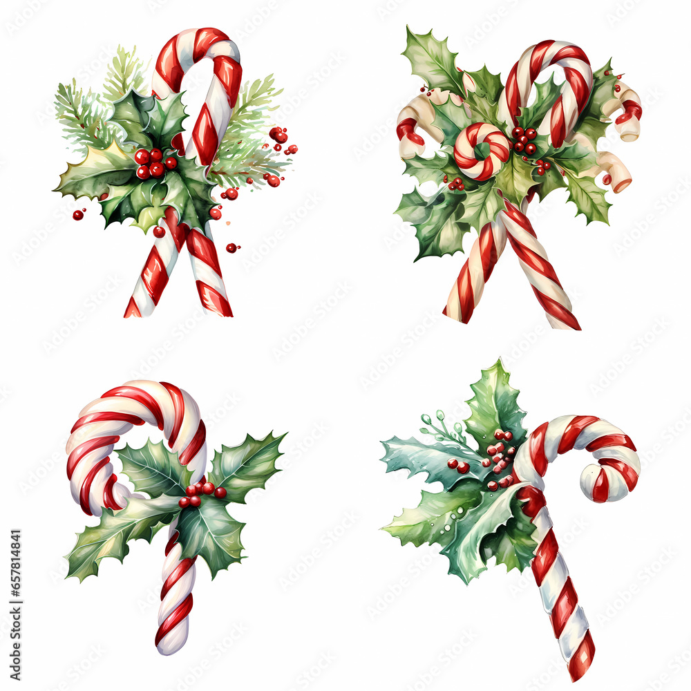 Candy canes holly berry vector set isolated on a white background. clipart for crafts art ...