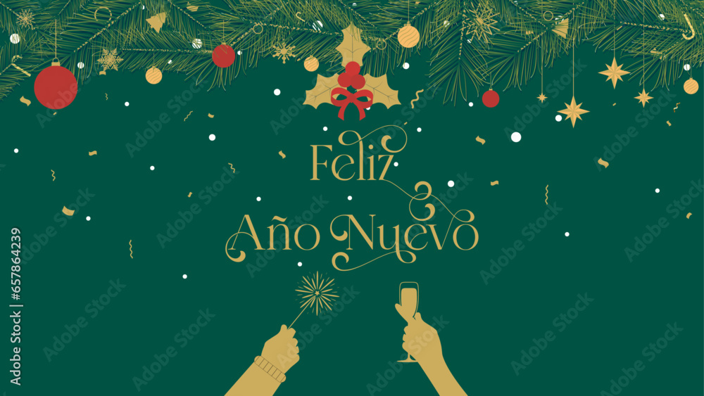 Colorful template in Spanish to celebrate and start a Happy New Year ...