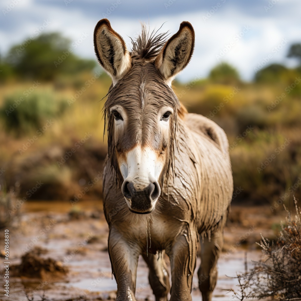 African Donkey close-up, the animal looks at the camera. Hot weather ...