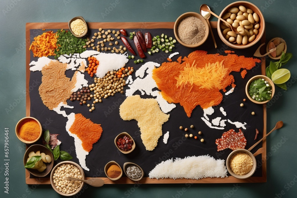 World map made of different spices and herbs on dark background, top ...