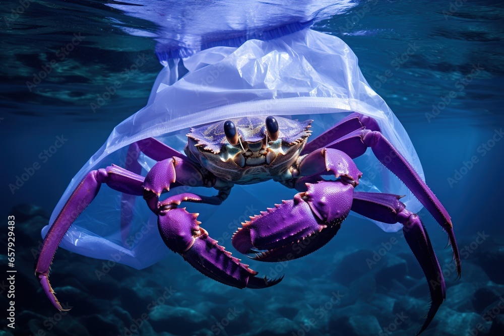 purple shore crab in the sea, distressed crab with its body tangled in ...