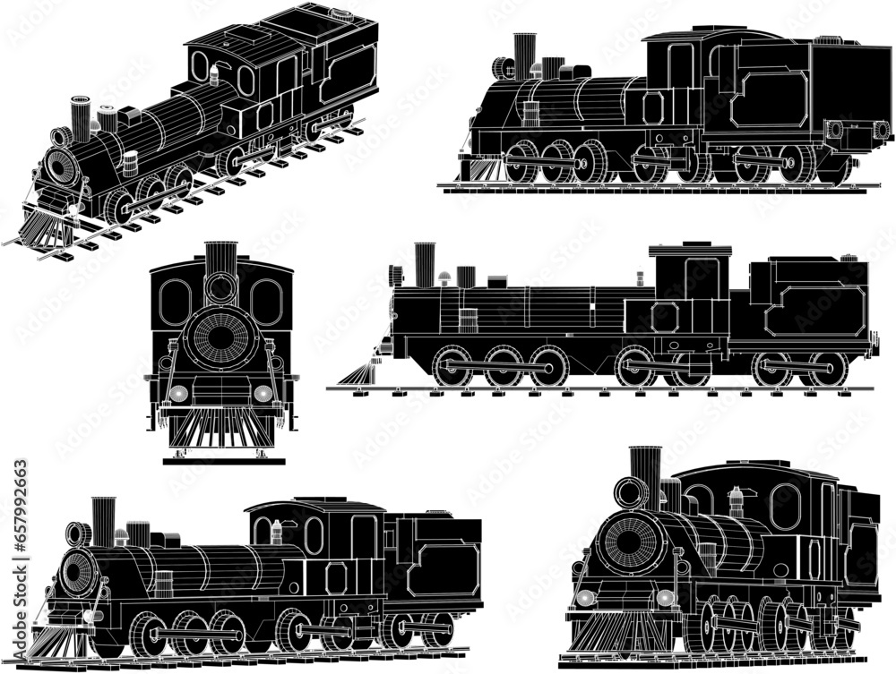 Vector sketch illustration of vintage old model steam locomotive train ...