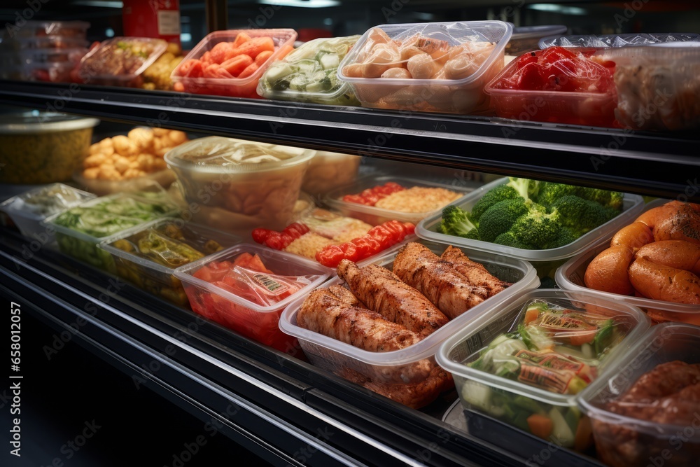 Convenience store's frozen food section, featuring a variety of ready ...