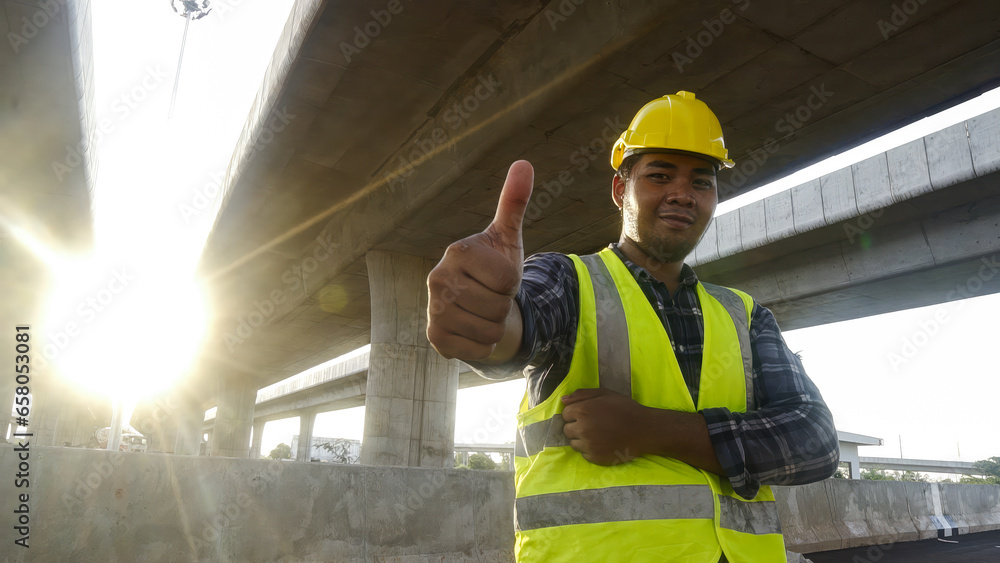 Close up face Asian foreman check work on construction site of concrete ...