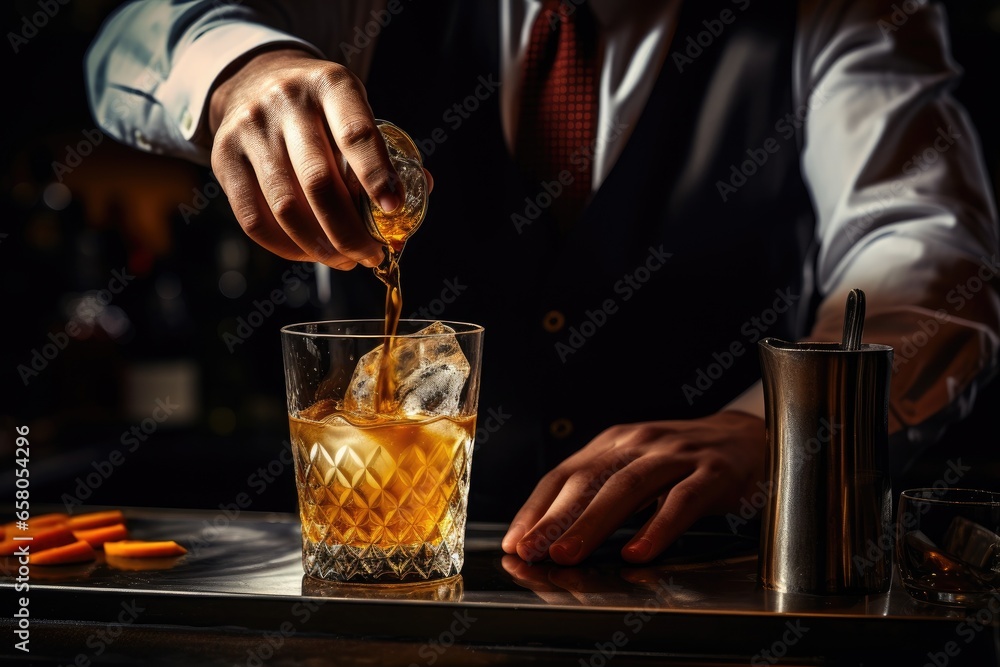 Bartender pouring a whiskey from a jigger into a glass, Bartender pouring cocktail, top section ...