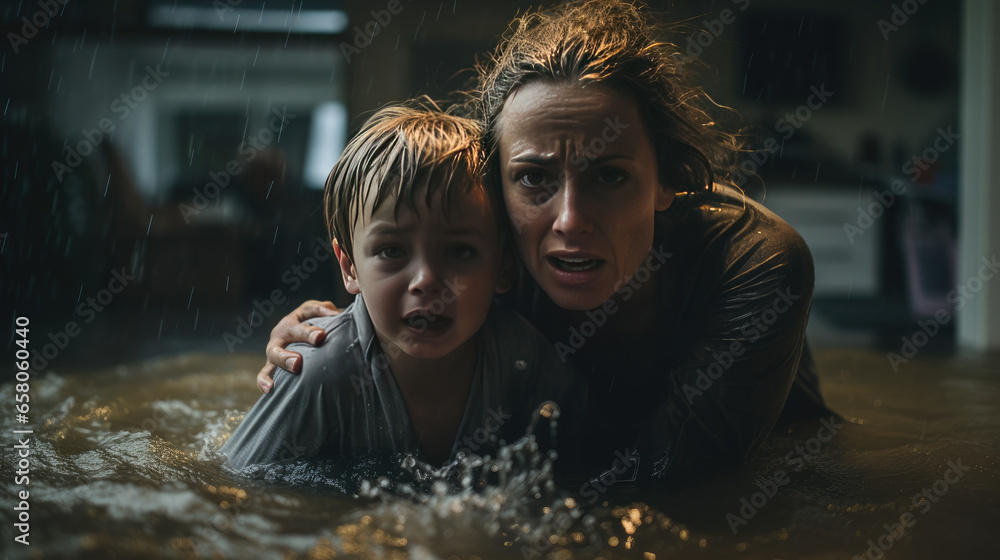 Scared mum protecting her son from flood - Generative AI Stock Photo ...