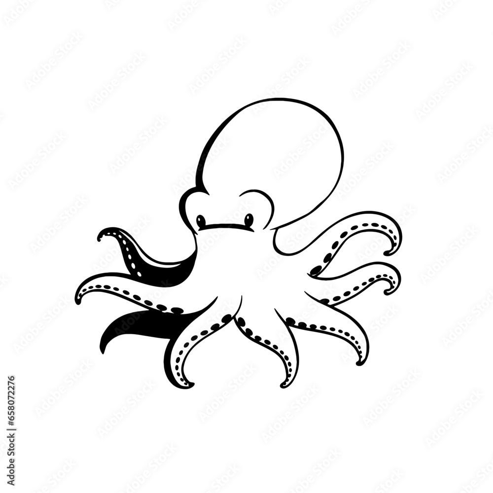 Black and White Cartoon Octopus #5 Marine Animal Line Art Silhouette ...