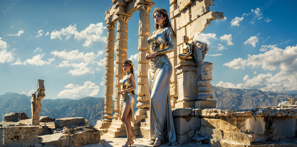 Greek goddess at ancient city ruins. Beautiful young woman Aphrodite ...