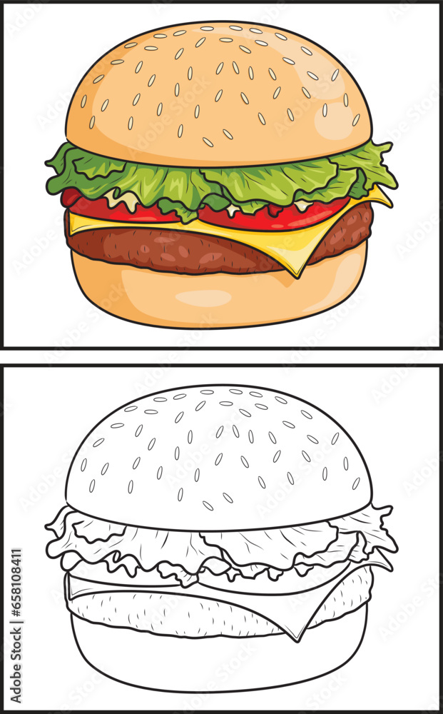 Coloring book cute burger. Coloring page and colorful clipart character ...