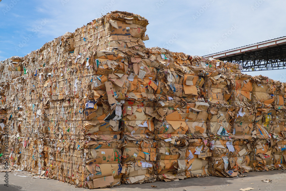 Bales of cardboard and box board with strapping wire ties before ...