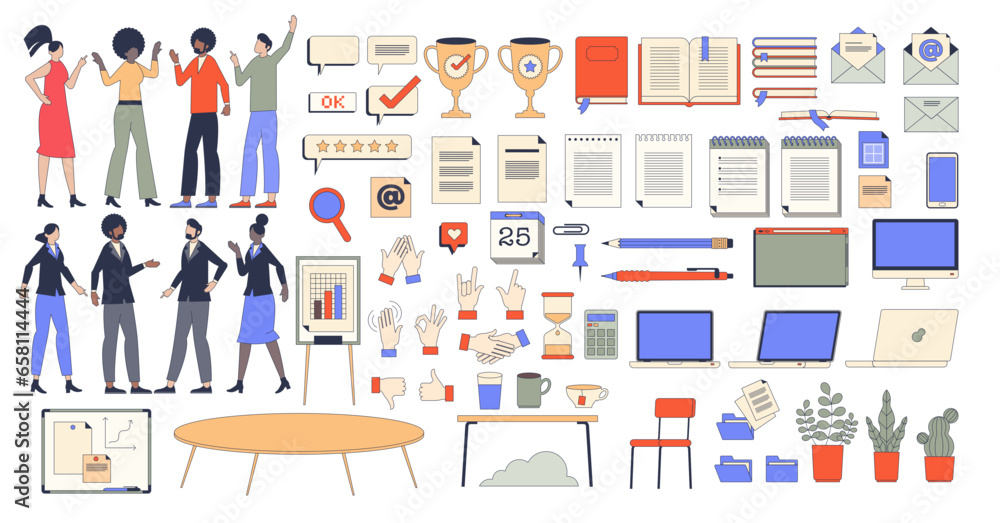 Corporate, workplace and office elements in retro tiny person collection set, transparent ...