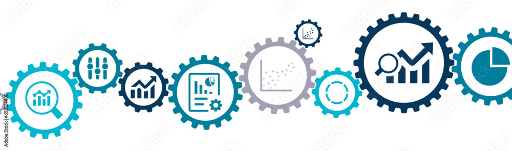 Business analytics banner vector illustration with icons of metrics ...