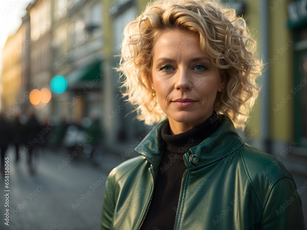 swedish female with short curly blonde hair and blue eyes, wearing ...