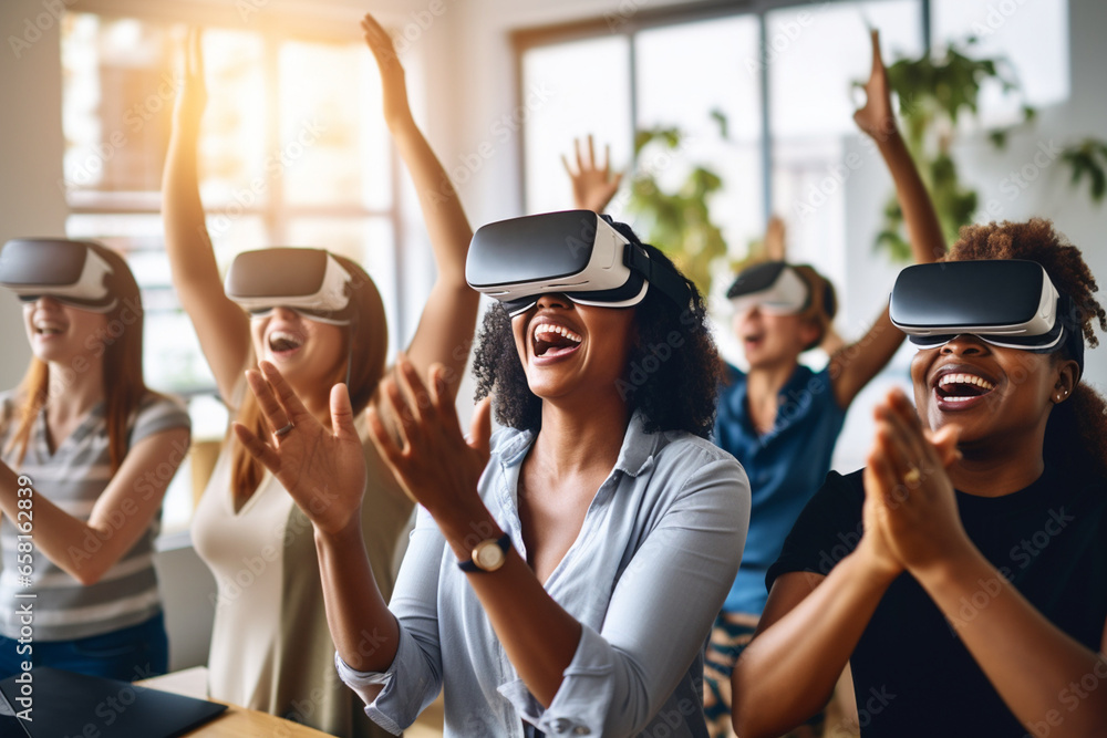 Unified Strength: Diverse Group of Coworkers Raising Hands in a Vibrant ...