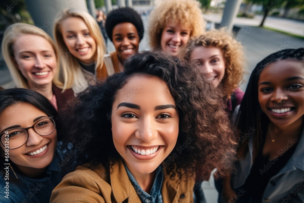 Multicultural happy people taking group selfie portrait in the office ...