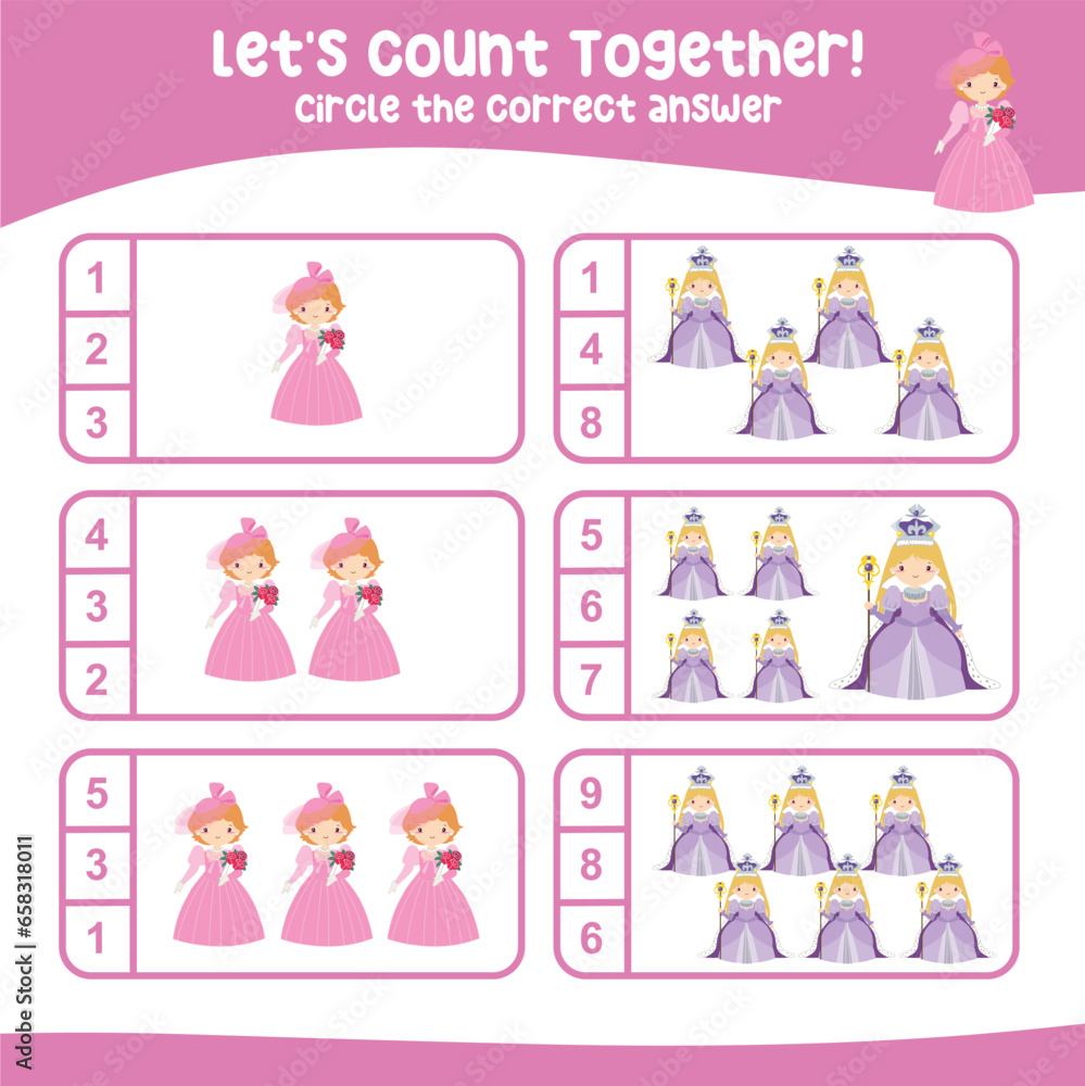 Counting and circle the correct number with cute fairytale kingdom ...