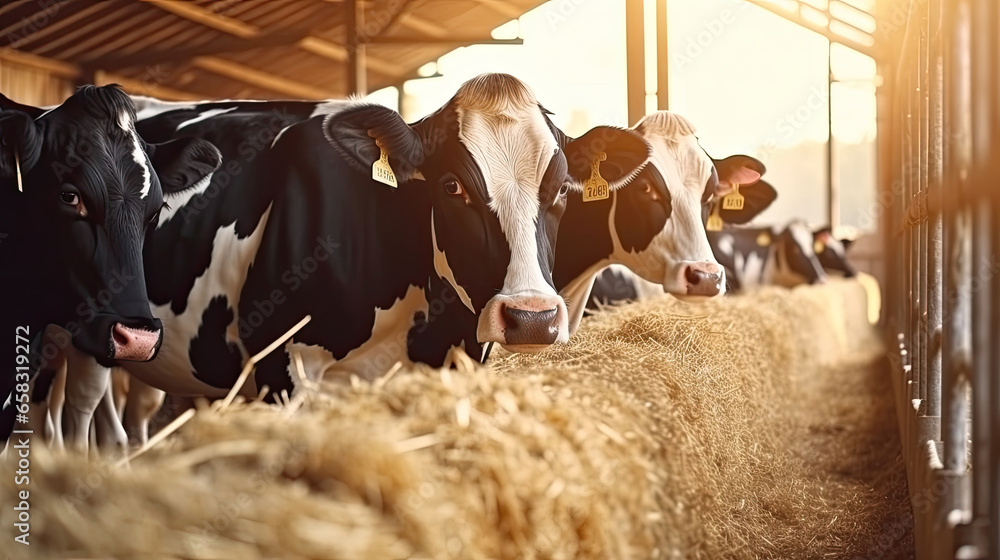 Cows eating hay in cowshed on beef cattle farm. meat production ...
