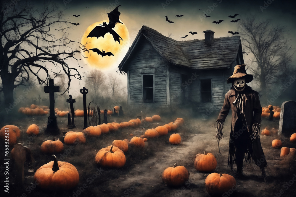 halloween, scarecrow on the path in front of the old house, around the ...