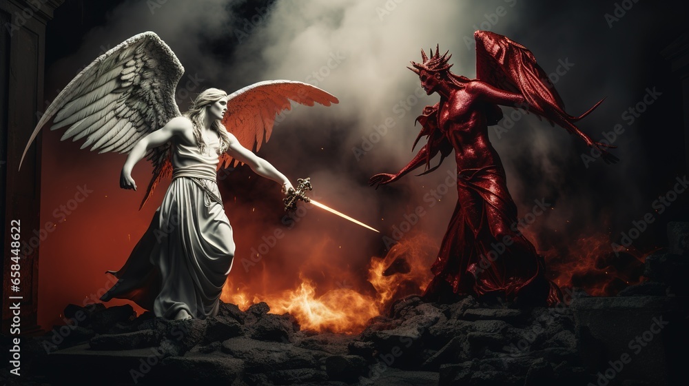 Ilustración de Stock Angel and demons fighting, fight between creatures, bible, Canva | Adobe Stock