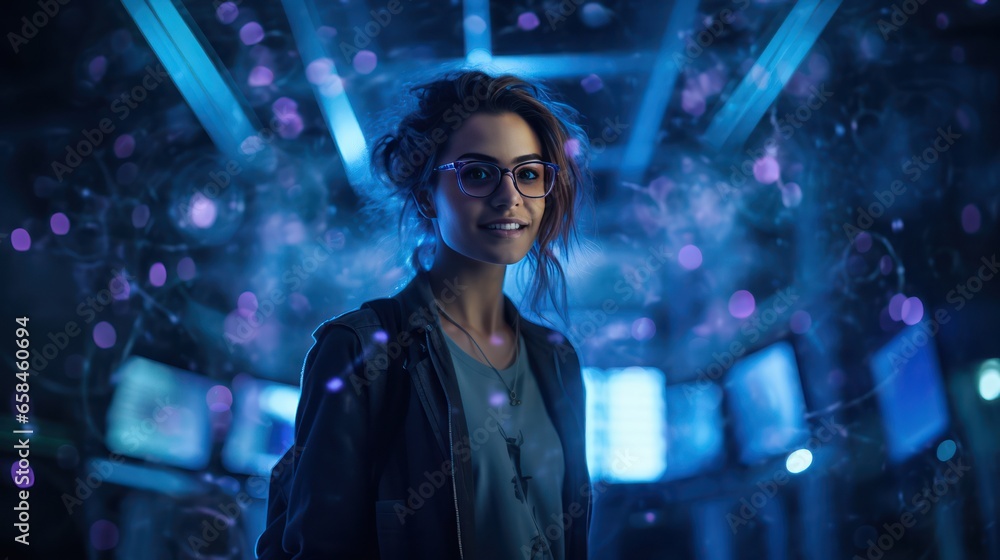 Cyber security concept. A beautiful female hacker, computer nerd, in a ...