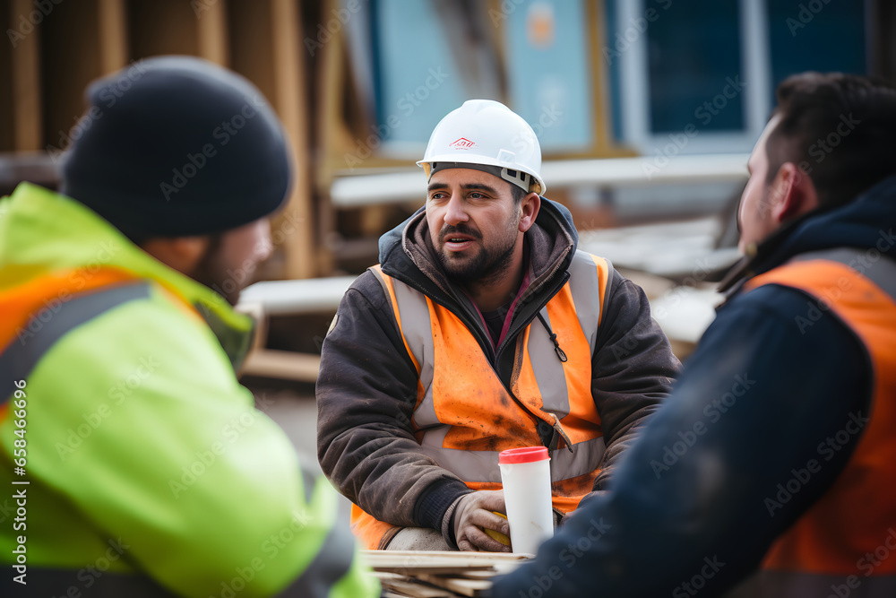 Construction workers having a brief meeting discussion with teamwork in ...
