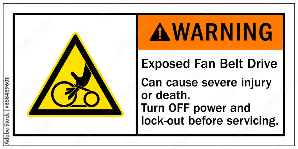 Machinery service warning sign and labels exposed fan belt drive can ...