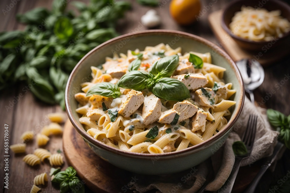 Chicken Alfredo Pasta Above Close-Up Photo. Creamy Chicken Pasta with ...