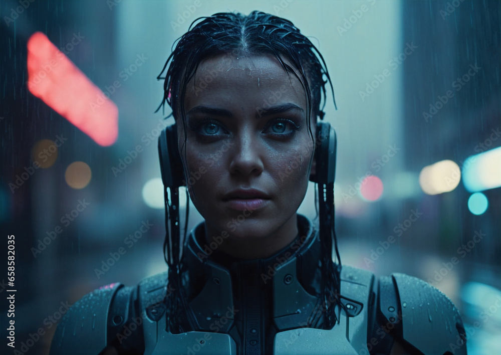 Portrait of woman with biomechanical implants, in a dystopian cyberpunk ...