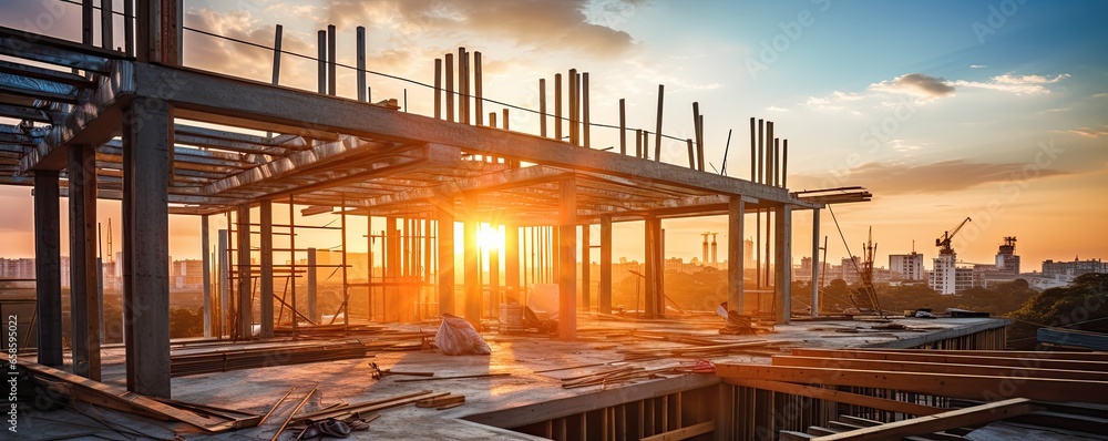 Banner construction site and sunset, structural steel beam build large ...