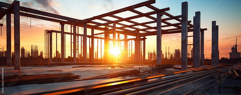 Banner construction site and sunset, structural steel beam build large ...