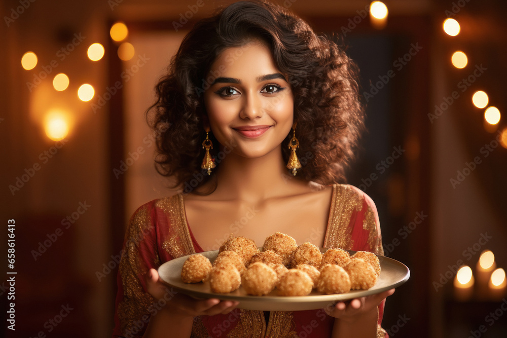 Young indian woman holding sweets or laddoo plate in hand Stock Photo ...