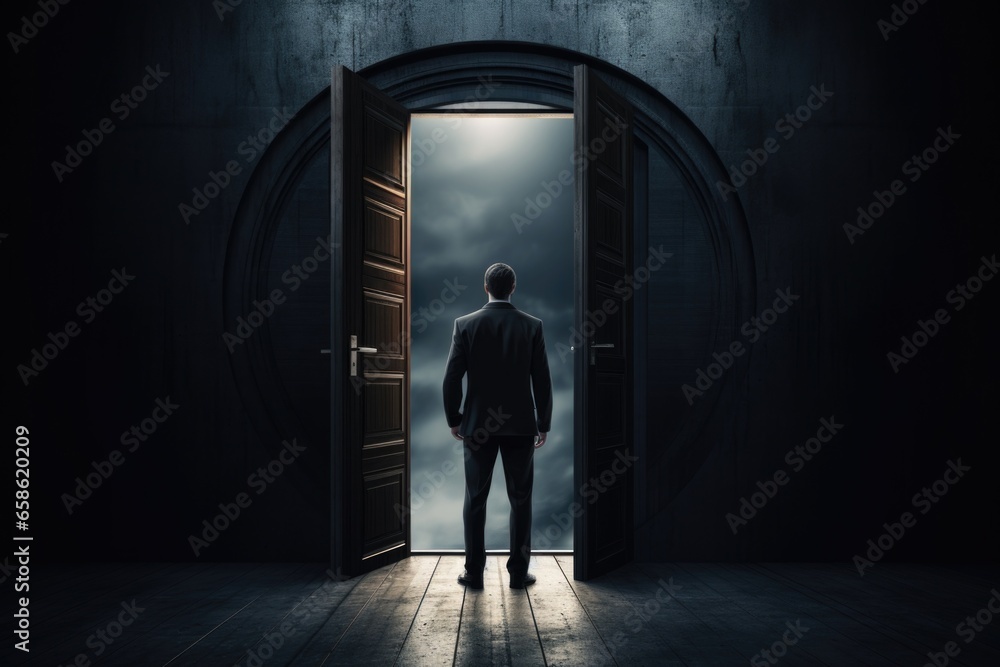 A man is pictured standing in front of an open door. This image can be ...
