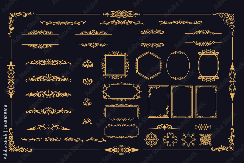 Set of gold vintage Decorative elements, frames, calligraphy, borders ...