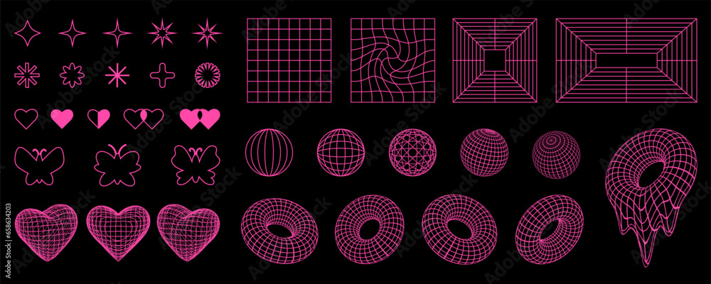 Retro Y2K shapes and 3d wireframes, grids, geometric forms, pink neon crazy design elements in ...