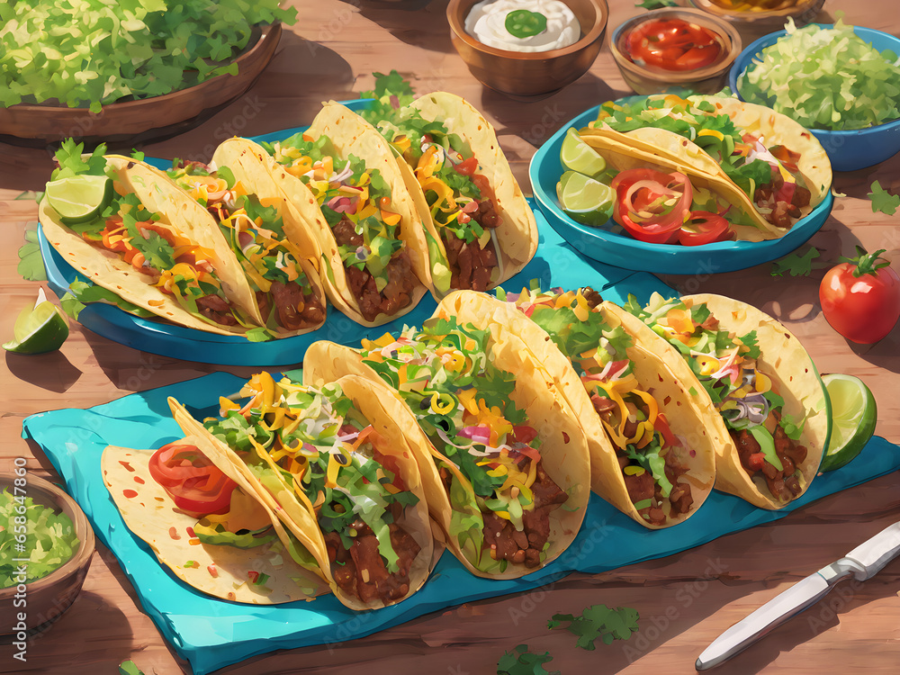 Crispy Tacos with Ground Beef, Lettuce, Tomato, and Cheese with anime ...