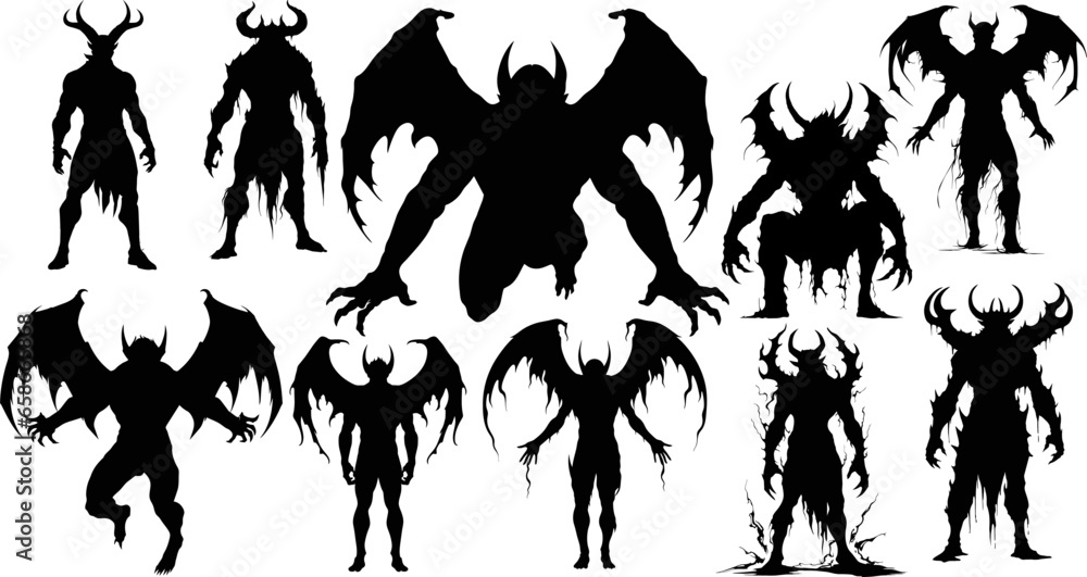 Silhouette devil in the human body. Men spirit with bat wing in ...