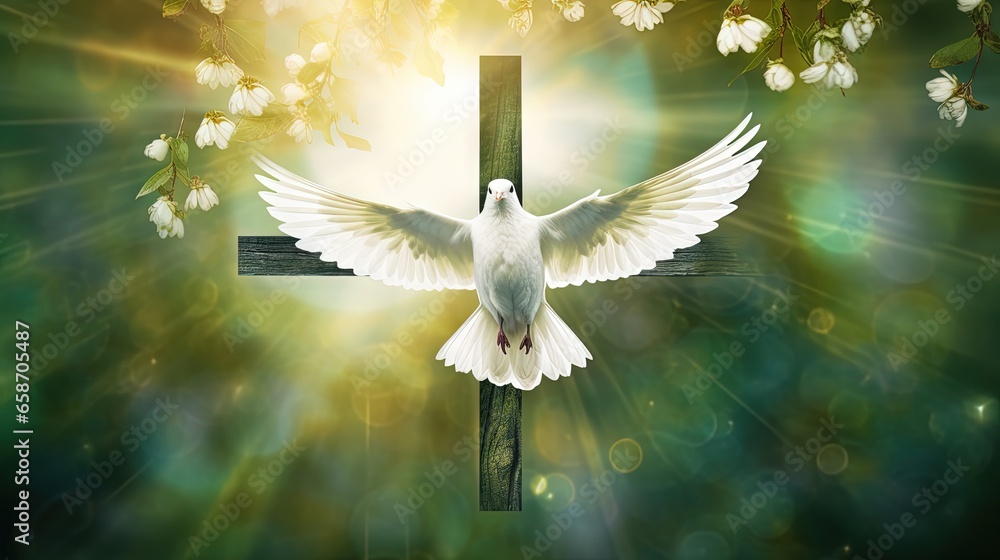 Cross with dove birch branches green background Holy Spirit symbol ...