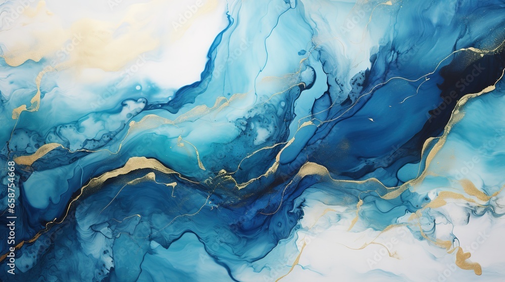 Blue blue liquid abstract background with gold flecks. Alcohol ink ...