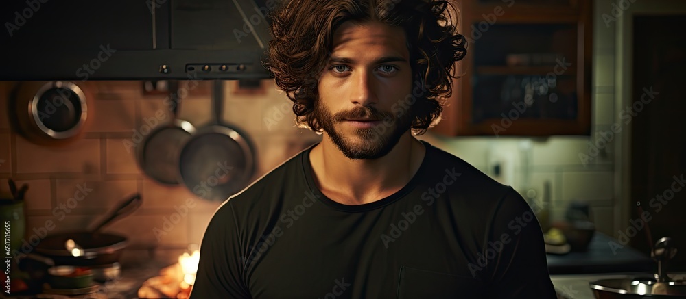Attractive man cooking at home with curly hair black shirt and a beard ...