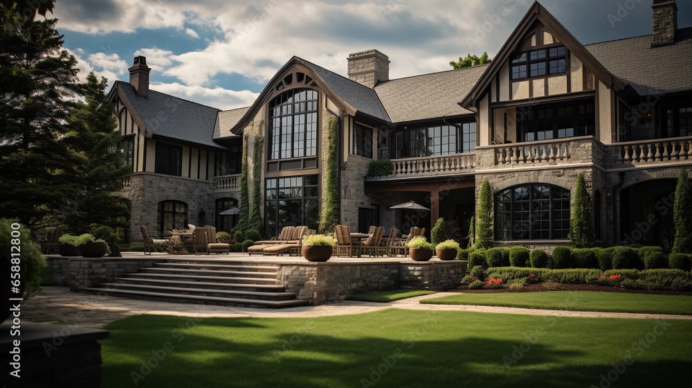 Large luxury mansion of billionaire. Outdoor rich people home. Brick ...