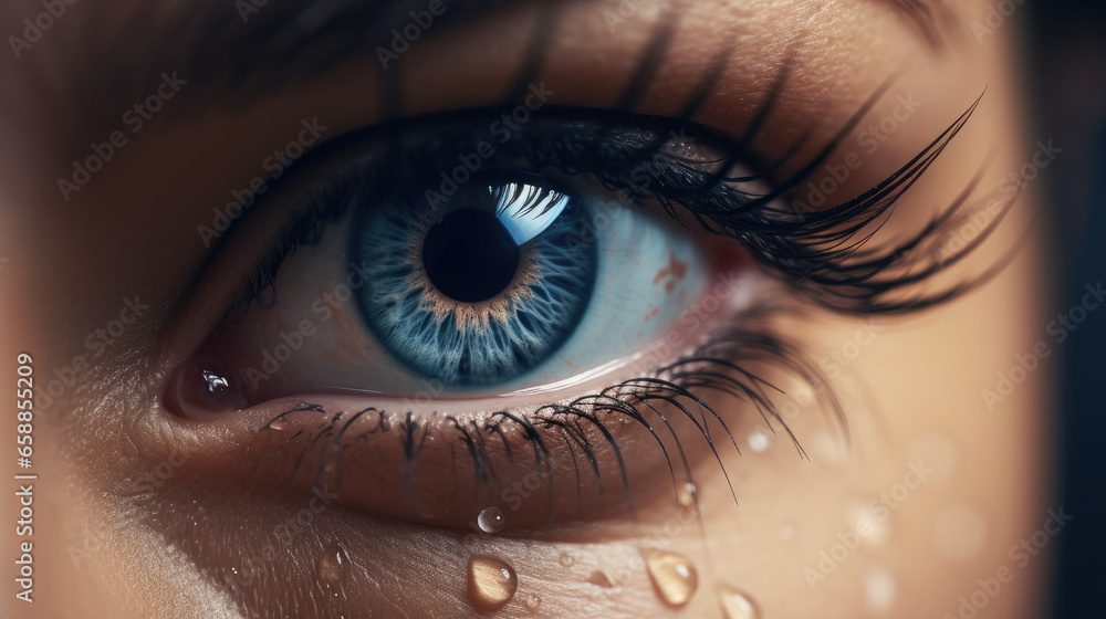 Sad woman concept - closed eyelid closeup with a teardrop on eyelashes ...