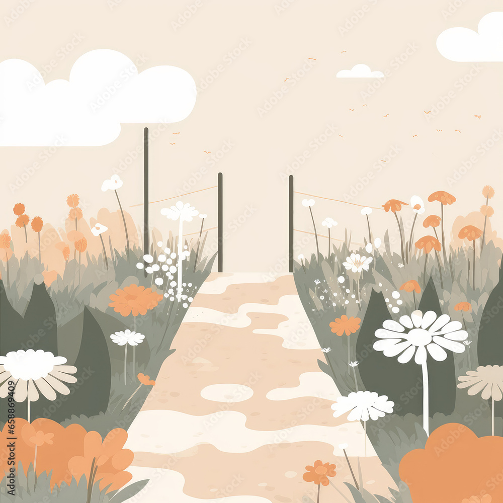 Garden Path Cartoon Illustration - Tranquil Walkway Through Nature ...
