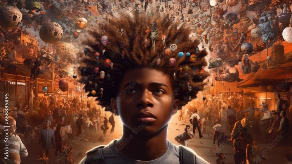 Overwhelming information data explode out of head of young human brain ...