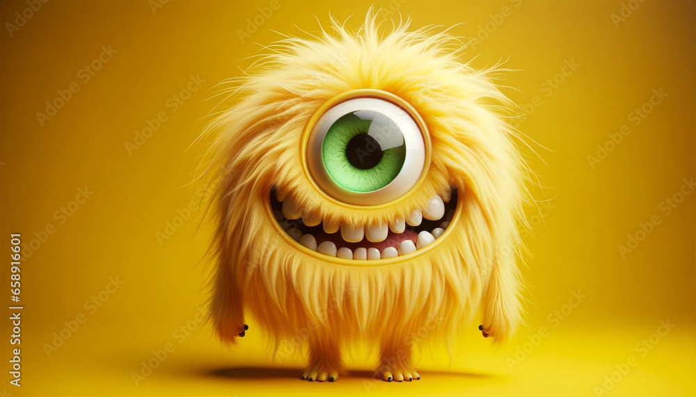 Fuzzy Yellow Creature with Vibrant Green Eye and Wide Smile: A Playful ...