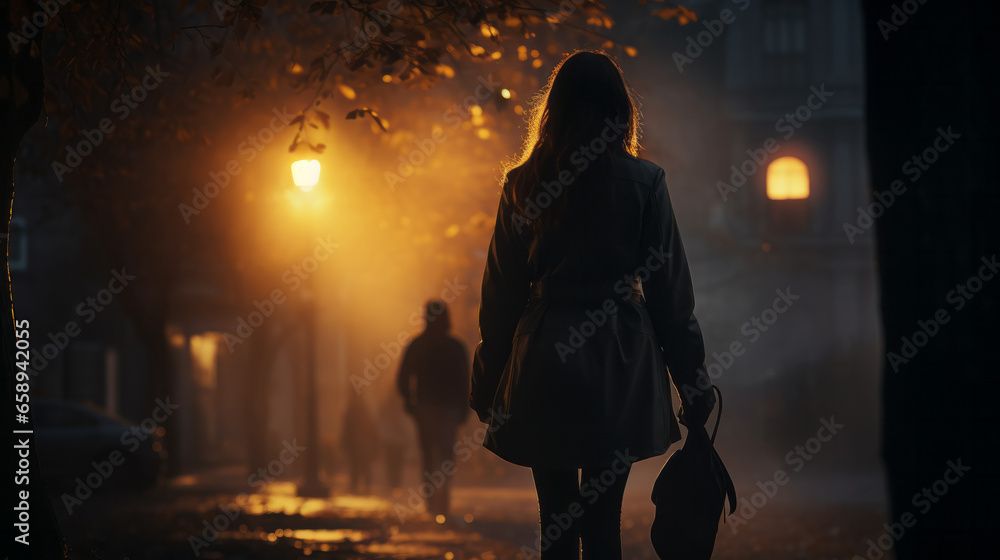 Silhouette of a young woman walking home alone at night , scared of ...