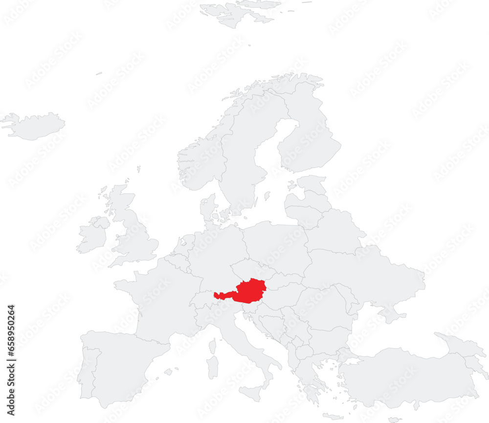Red CMYK national map of AUSTRIA inside gray blank political map of ...