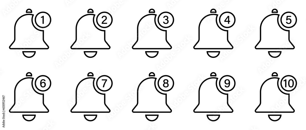 Vetor Smartphone bell notification line icon set 1 to 10. Bell symbols ...