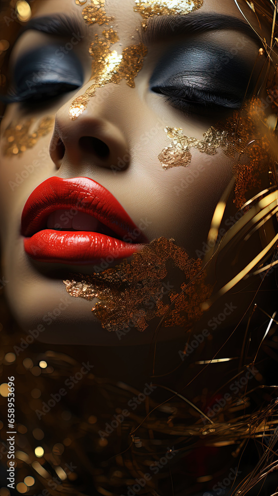 Illustration Stock Deep Red Lipstick on Beautiful Girl Shiny Gold ...