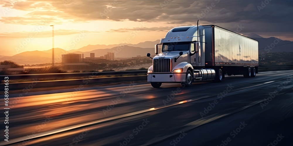 Speeding through sunset. Freight truck on highway. Cargo in motion ...